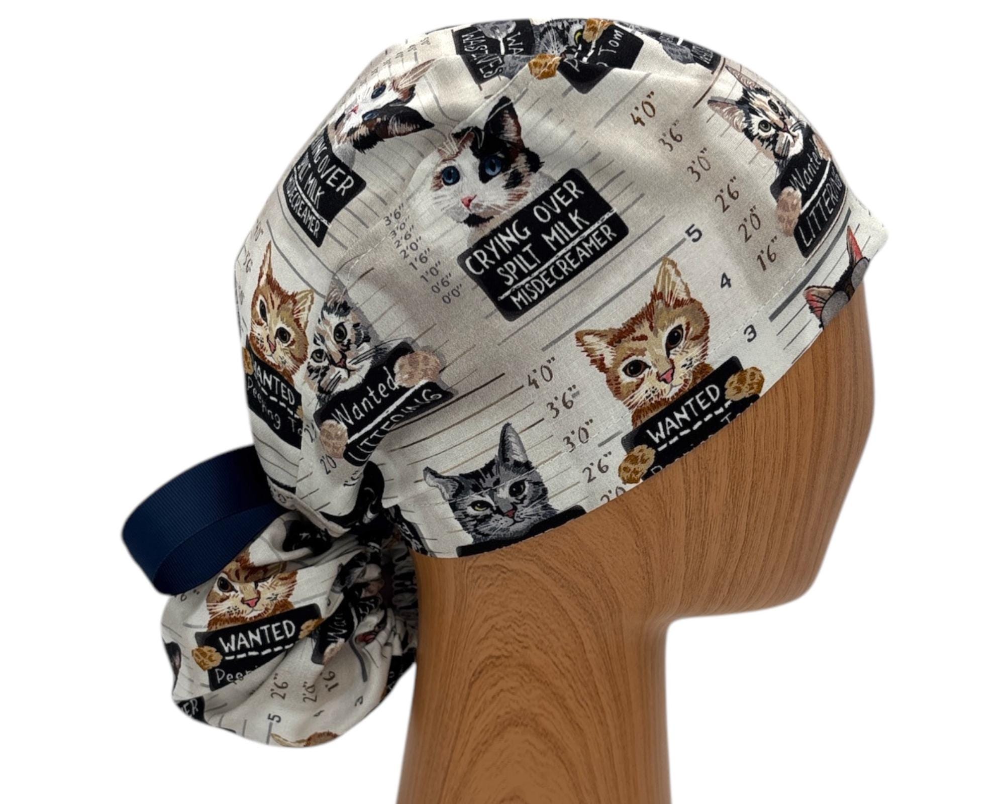 Adjustable Cat Mugshot Scrub Cap for Long Hair – Fun Animal Print ...