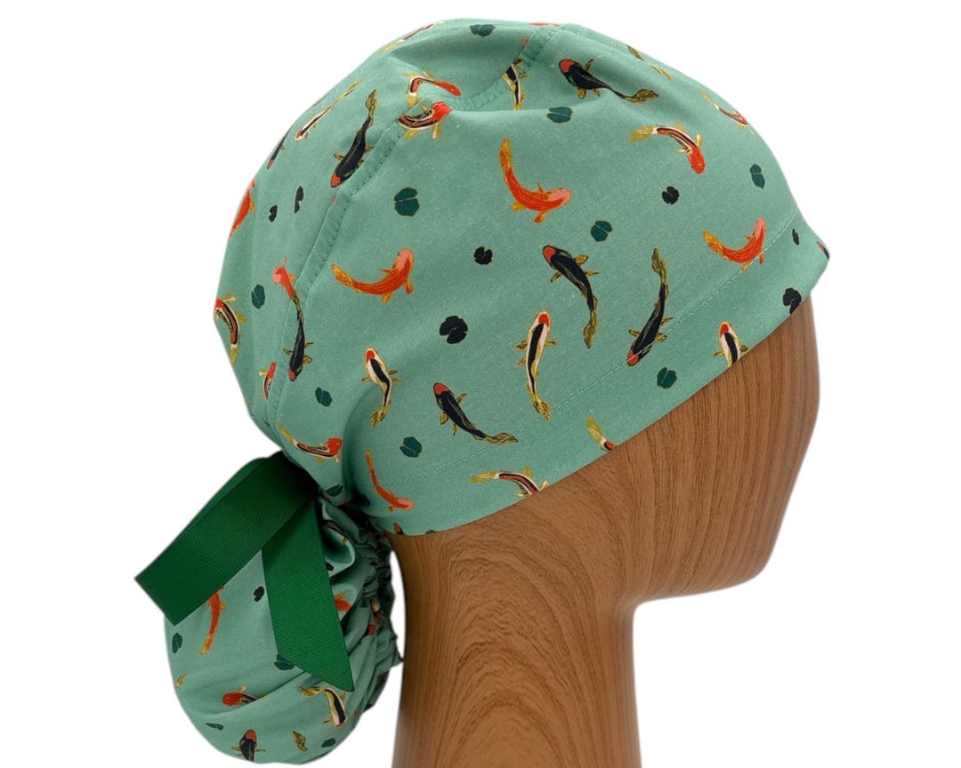 Koi Fish Ponytail Scrub Cap | Japanese Pond Nurse Hat | Adjustable Hair ...