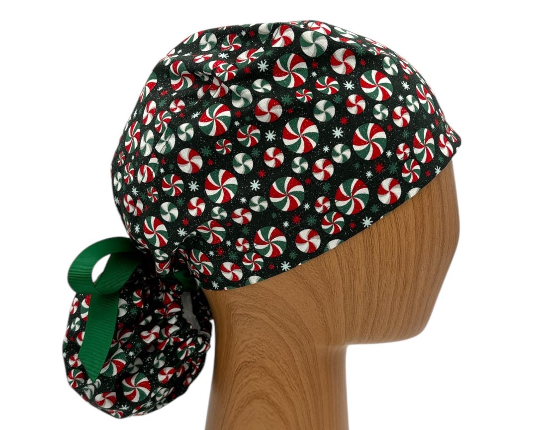 Sparkly Christmas Peppermint Candy Ponytail Scrub Cap, Personalized ...