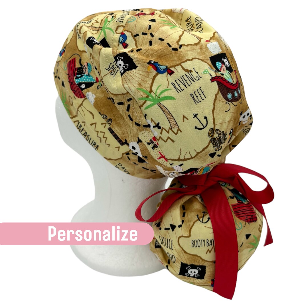 Personalized Ponytail Scrub Cap, Surgical Hat With Button, Ribbon Tie ...