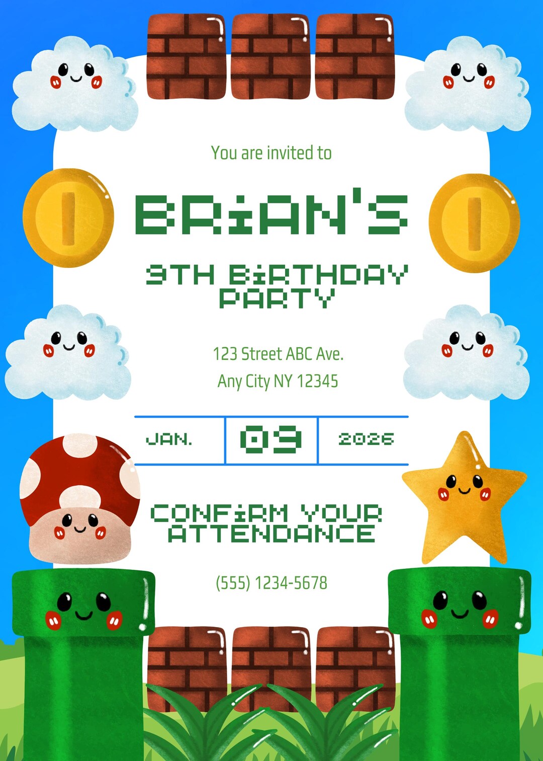 Super Mario Bros Invitation | Editable Video Game Party Template - Etsy