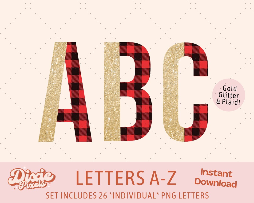 Gold Glitter Buffalo Plaid Alphabet PNG, 26 Uppercase Individual ...
