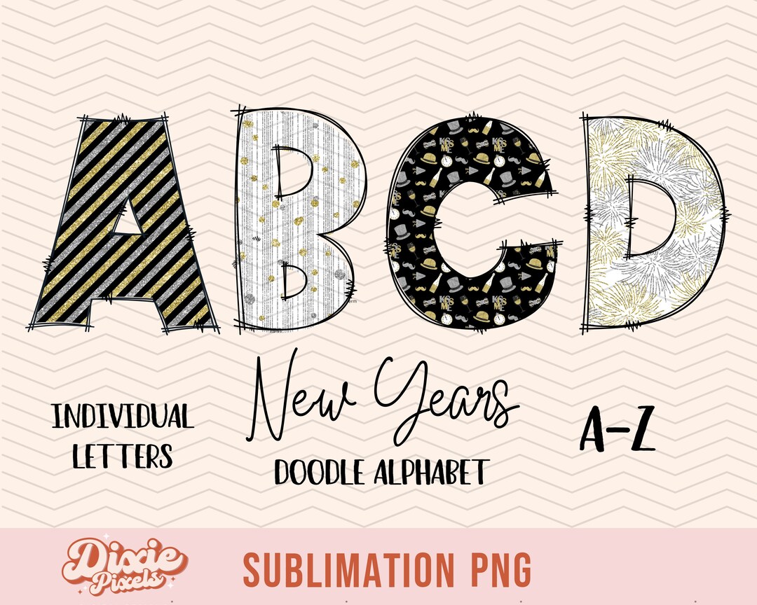 New Years Doodle Alphabet PNG, Holiday Letters Instant Download, 2023 ...