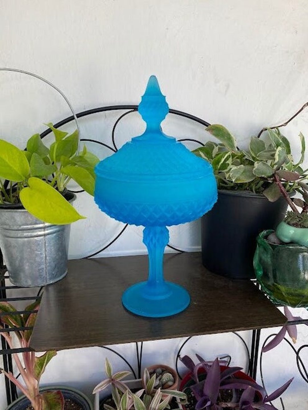 Vintage Satin Blue Indiana Glass Diamond Pattern 12" Lidded Pedestal ...