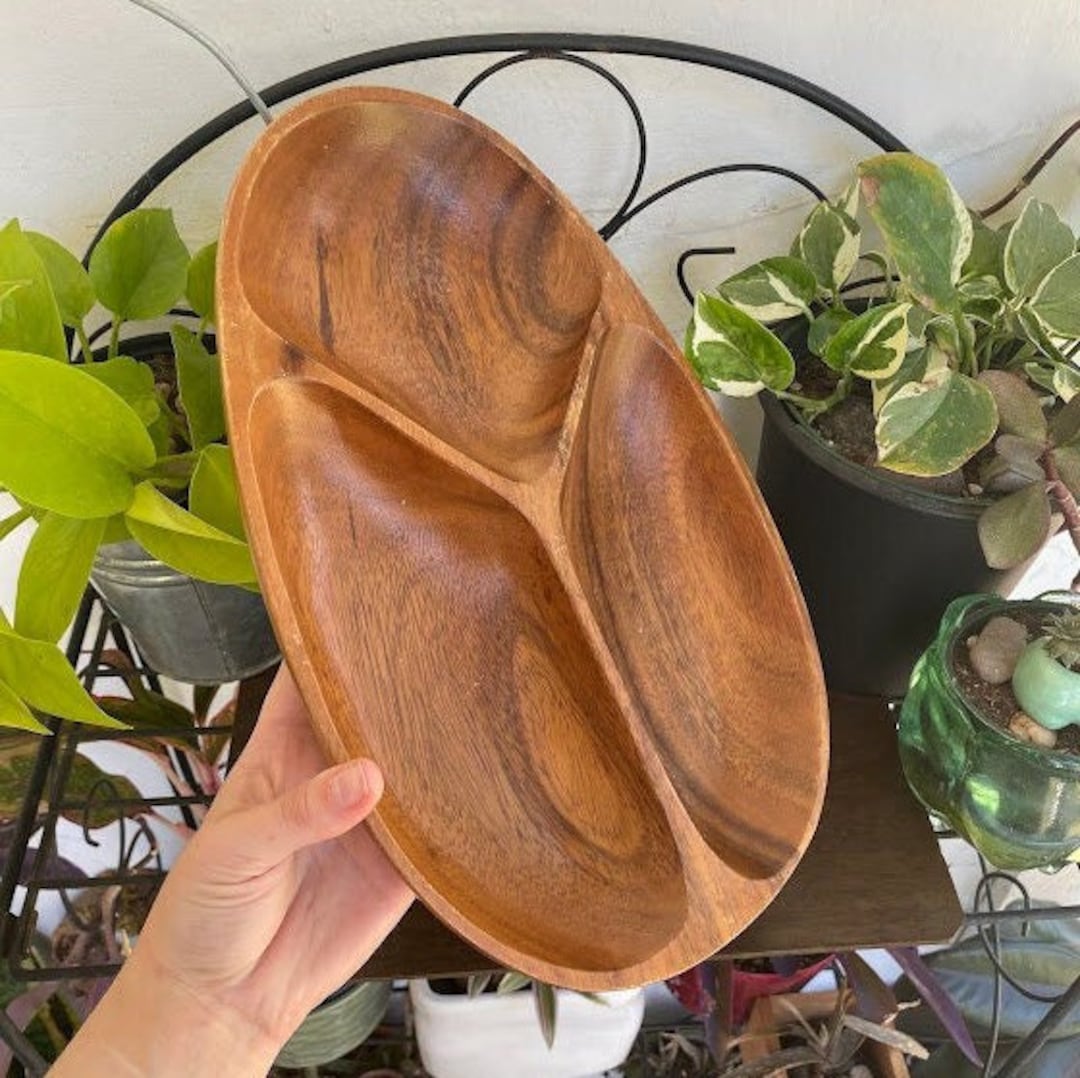 3 Section Genuine Monkey Pod Wood Serving Centerpiece Bowl Vintage ...