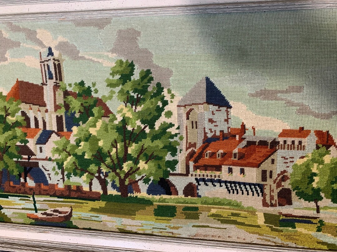 Vintage Needlepoint Art - Large Scenic Town Landscape - Etsy