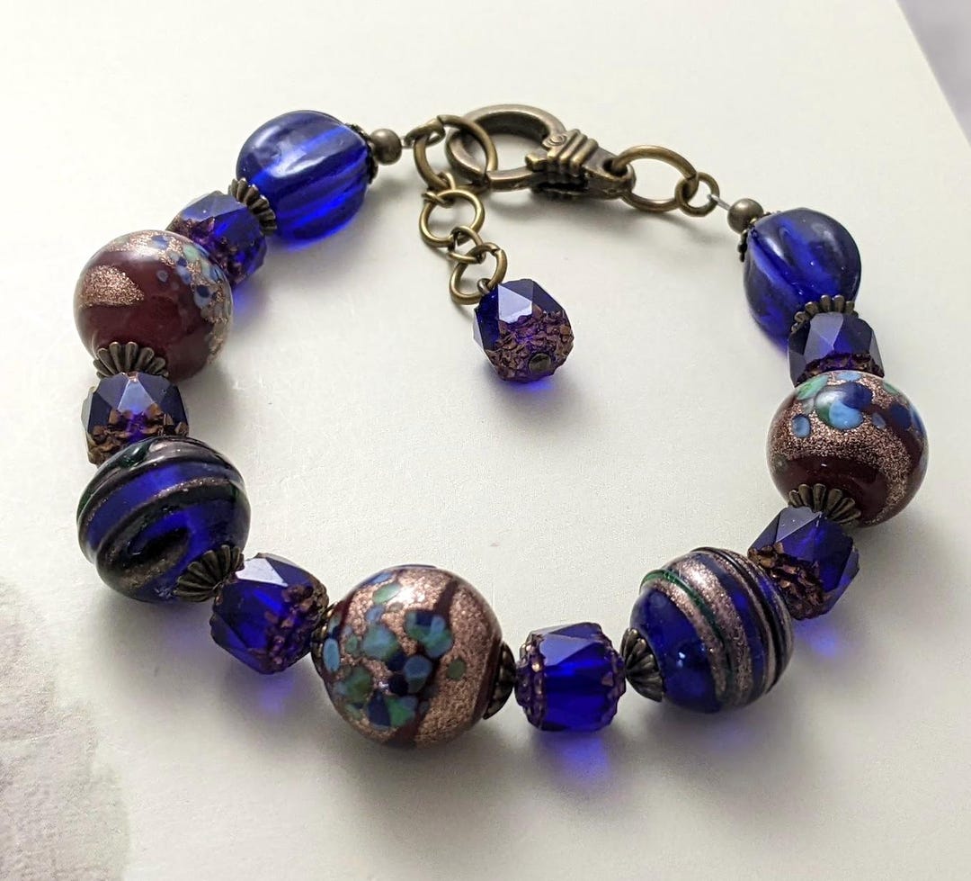 Cobalt Blue Bracelet Handmade Glass Czech Beads Bronze Clasp | Made in ...