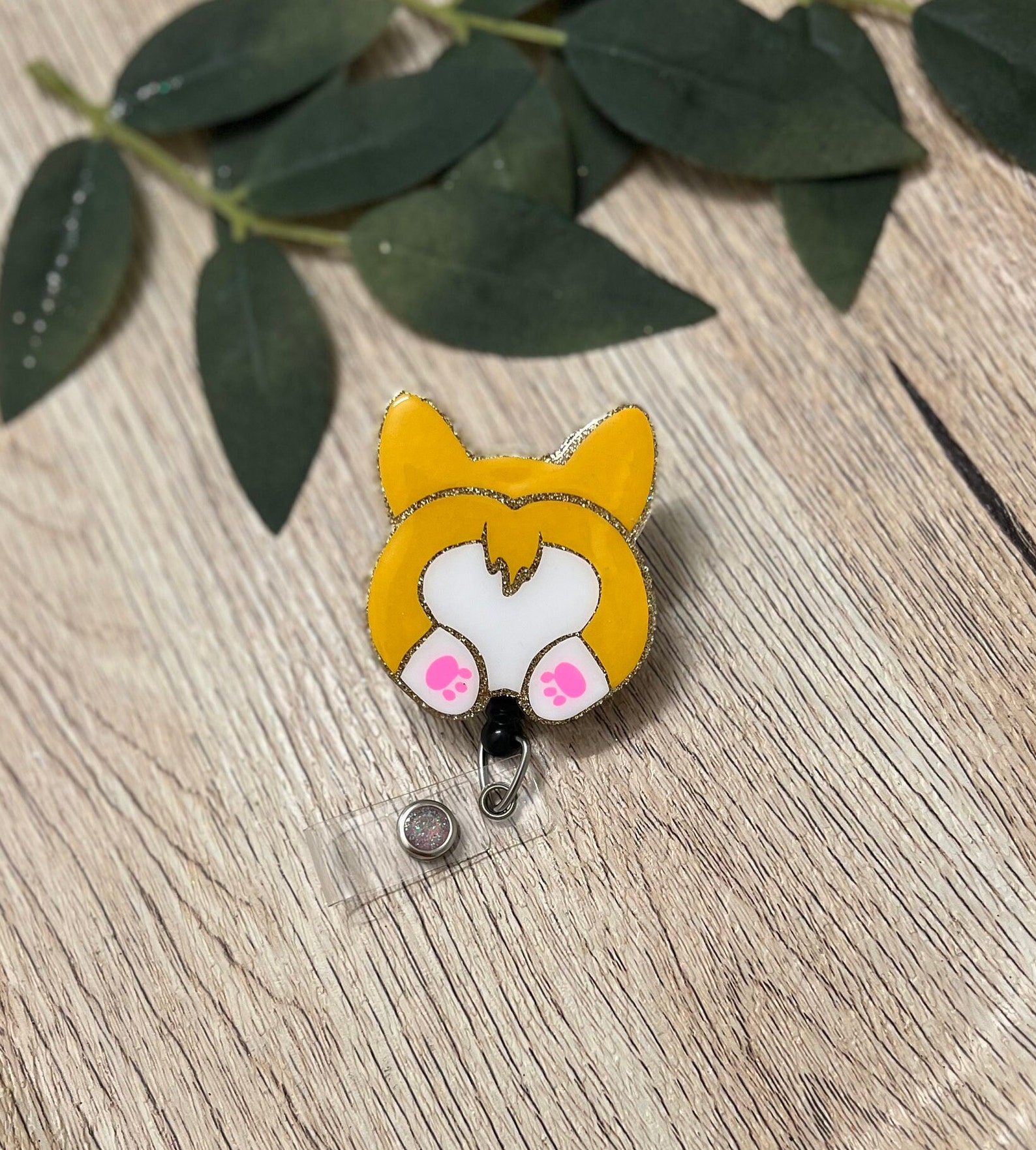 Orange and White Corgi Butt Glitter Badge Buddy & Retractable Badge ...