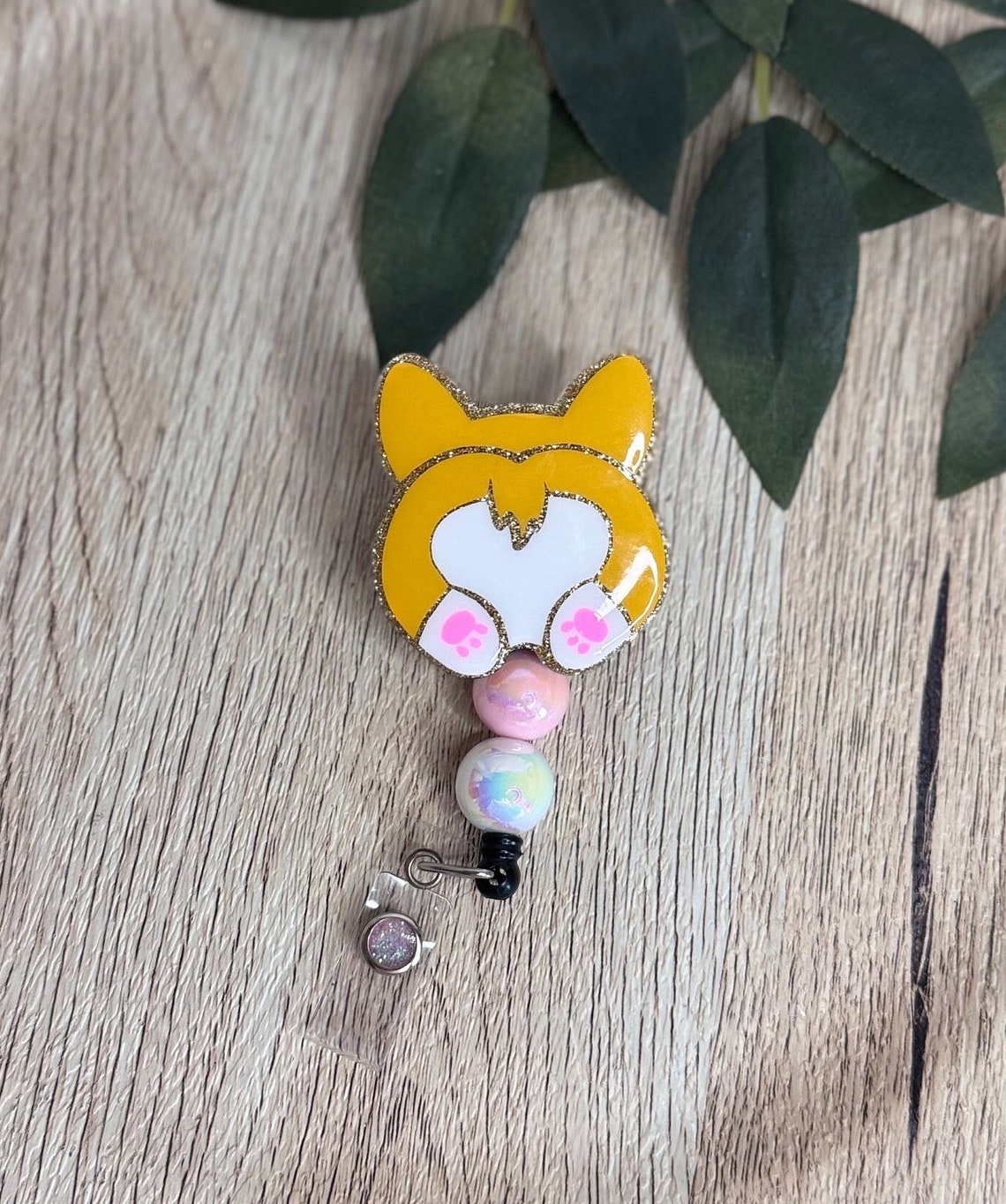 Orange and White Corgi Butt Glitter Badge Buddy & Retractable Badge ...