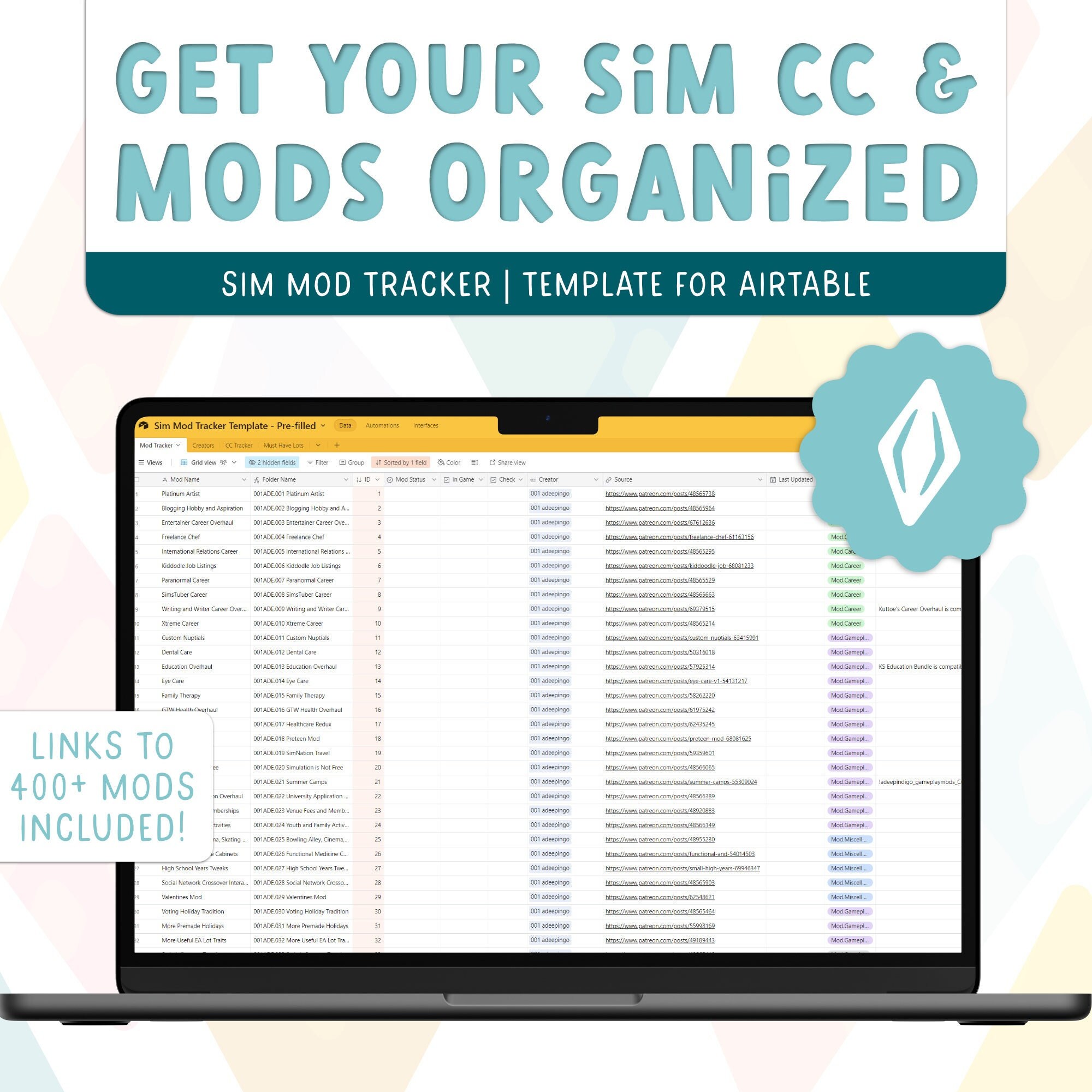 Sims CC & Mod Organizer the Sim Mod Tracker Airtable Template Organizer ...