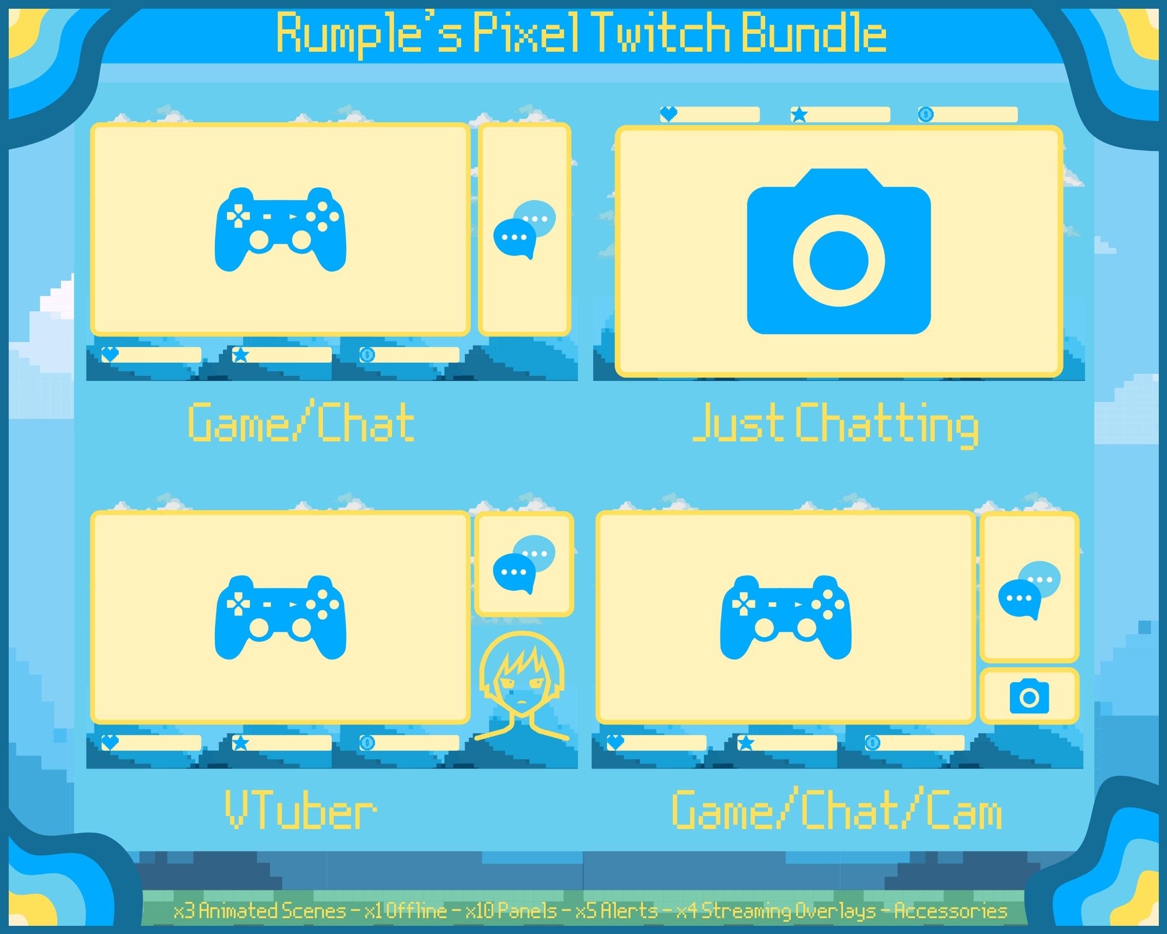Rumple's Pixel Twitch Bundle Twitch Animated Overlay Panel Alerts ...