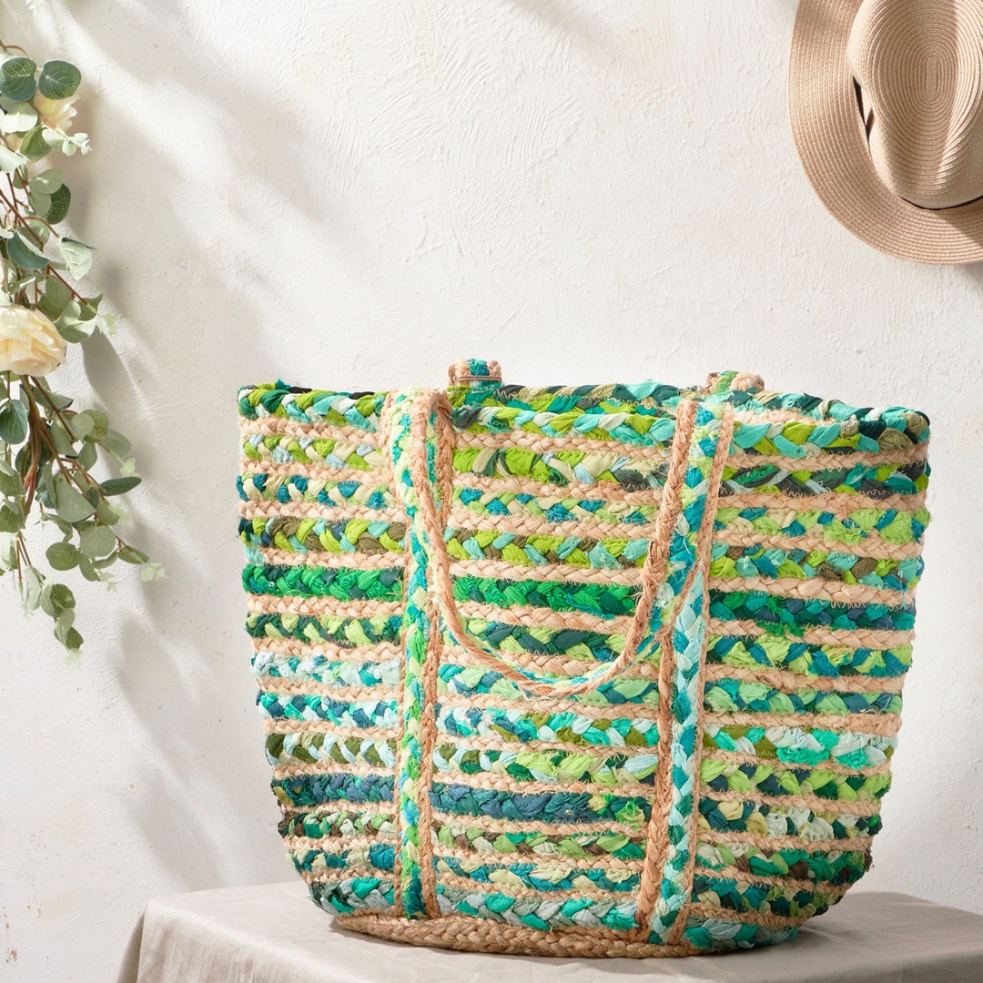 Eco-friendly Handmade Green Cloth & Jute Tote: Upcycled Boho Market Bag ...