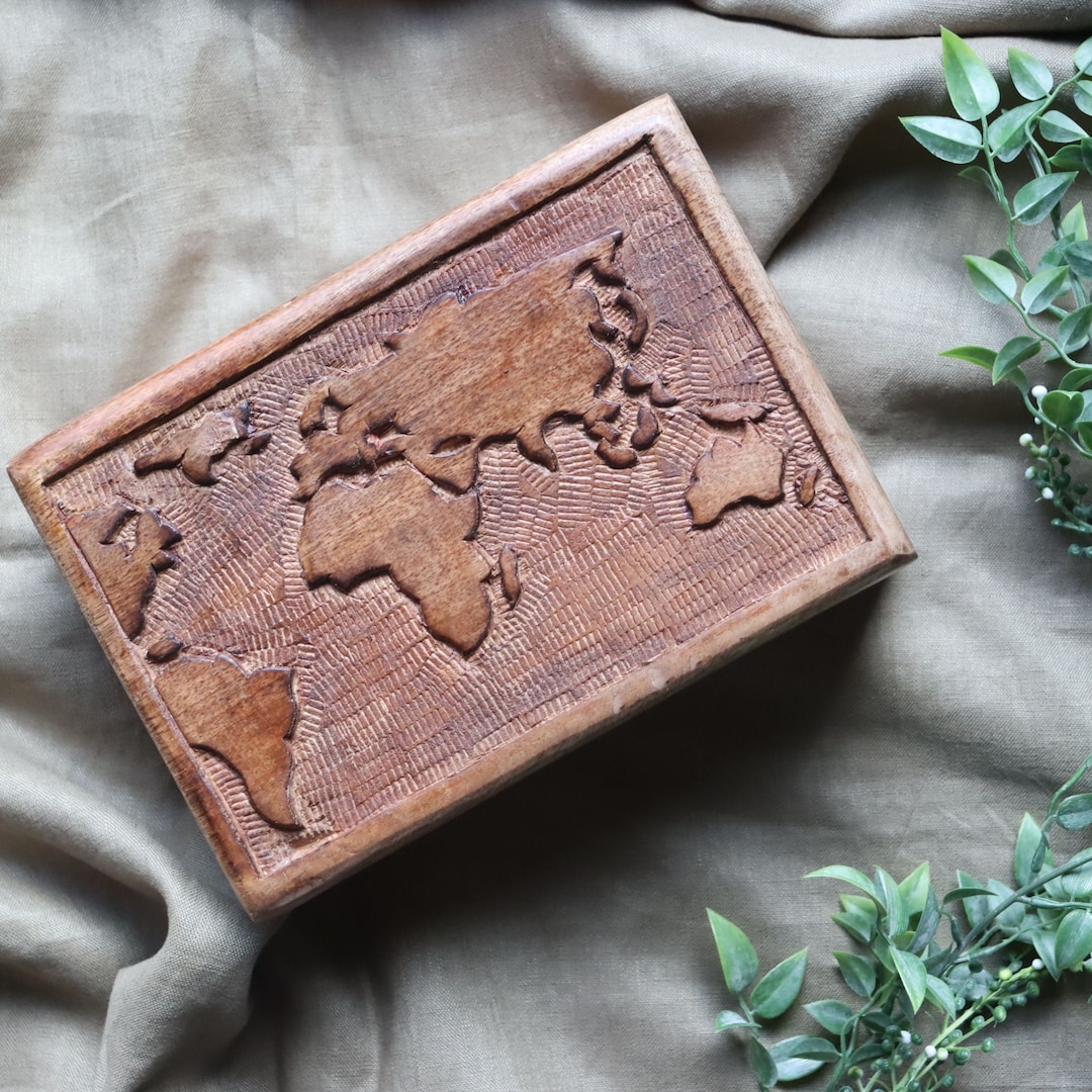 Wooden Keepsake Box World Map, Engraved Rectangle Fair Trade Valuables ...
