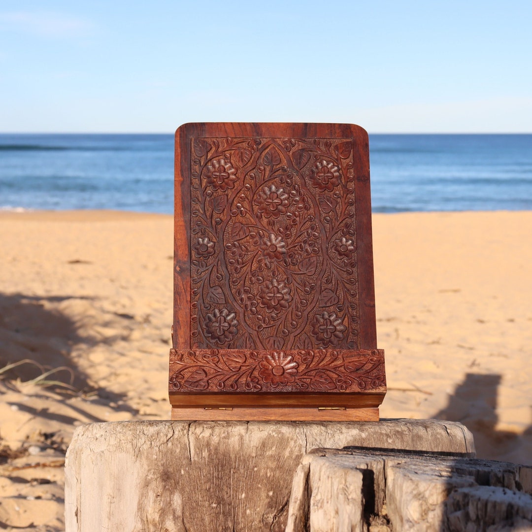 Floral Cookbook Stand, Engraved Collapsible Wood Tablet Holder, Hand ...