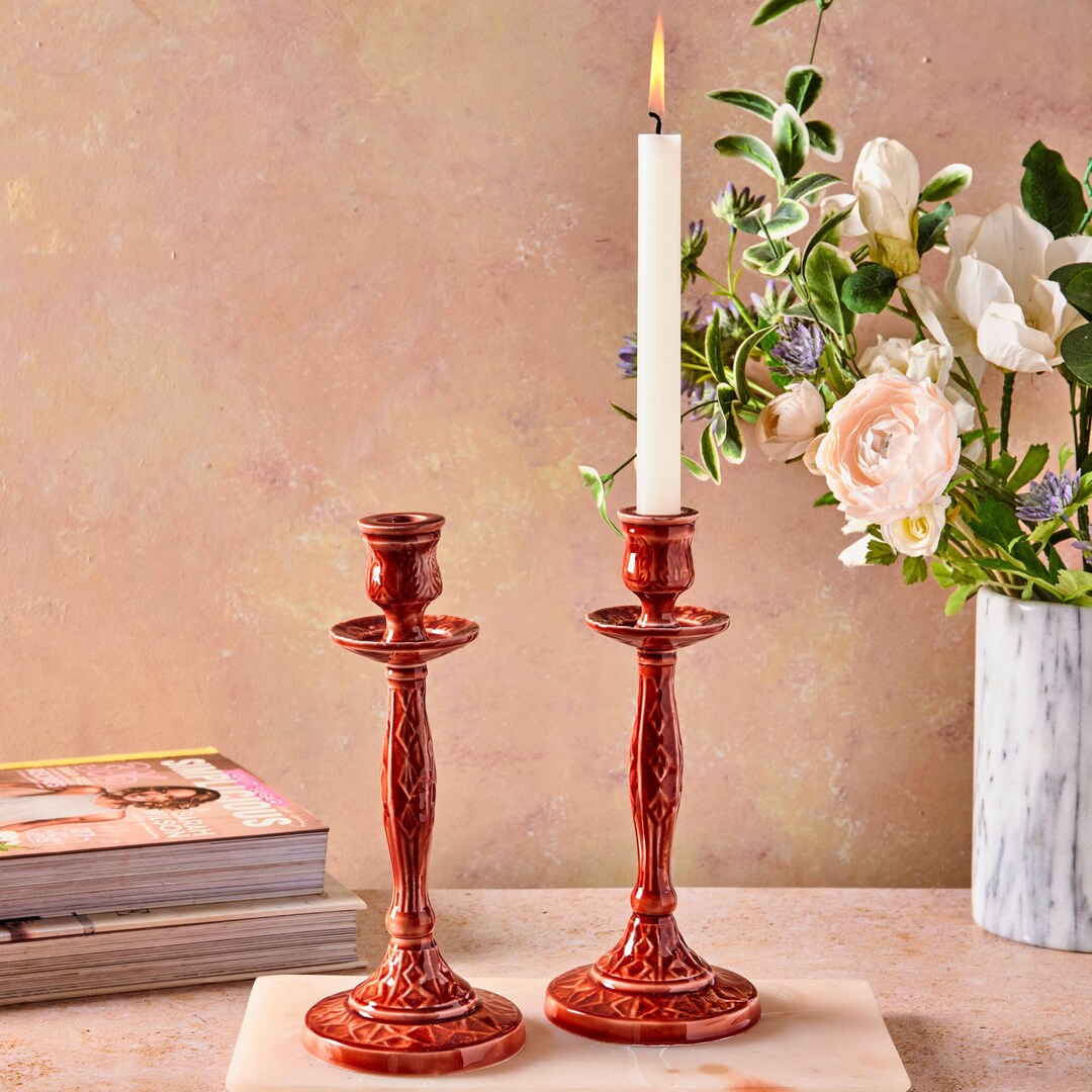 Metal Candle Holder Rust Colour, Tall Taper Candle Stick With Ceramic ...