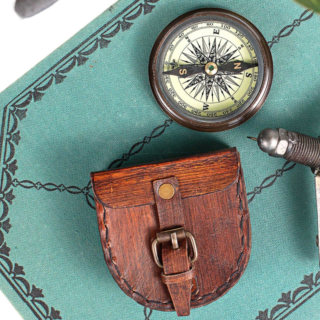 Pocket Brass Compass With Leather Case, Travellers Gift, Handmade Fair ...