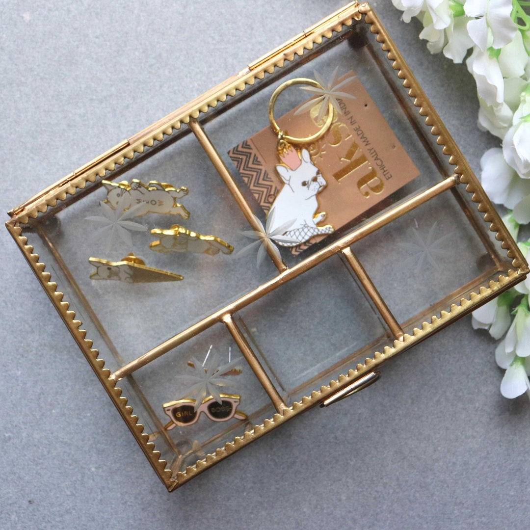 Rectangle Glass Jewellery Box, Clear Keepsake Etched Star Brass Frame ...