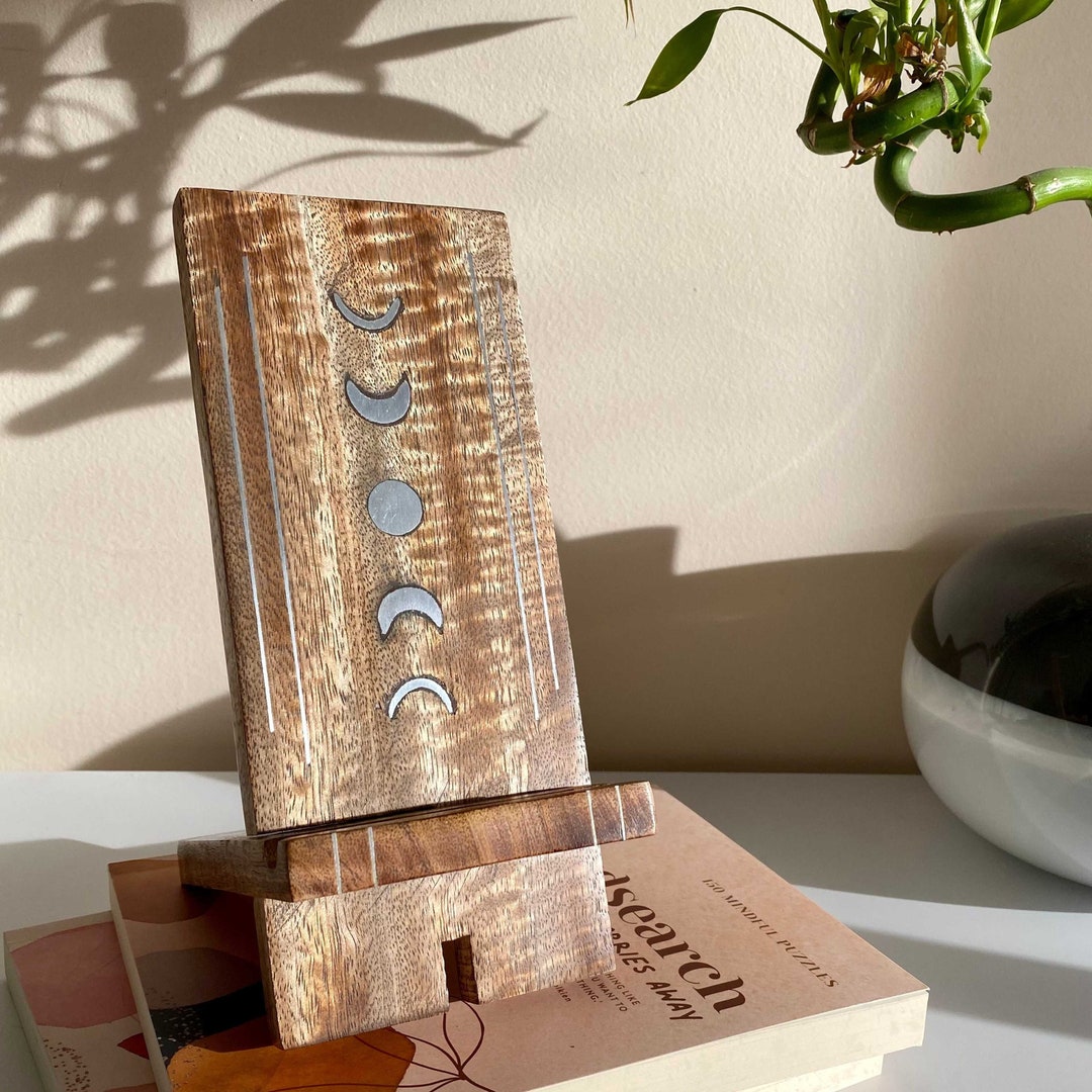 Moon Phase Wood Phone Stand, Mango Wood Charging Dock, Boho Lunar ...