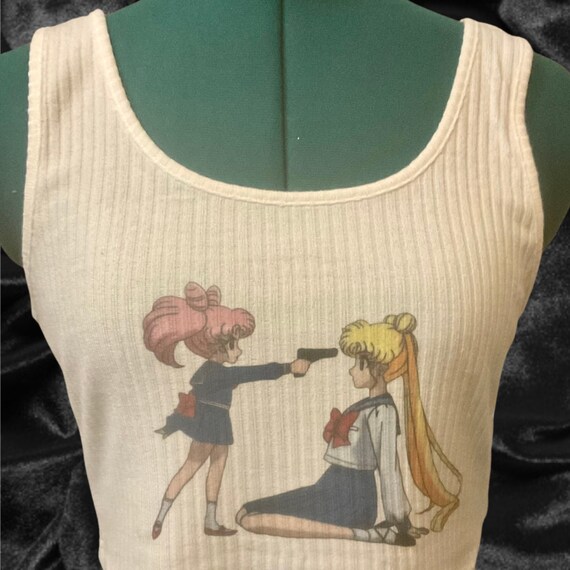 Sailor Moon and Sister Chibiusa With Gun White Crop Tank Top - Etsy