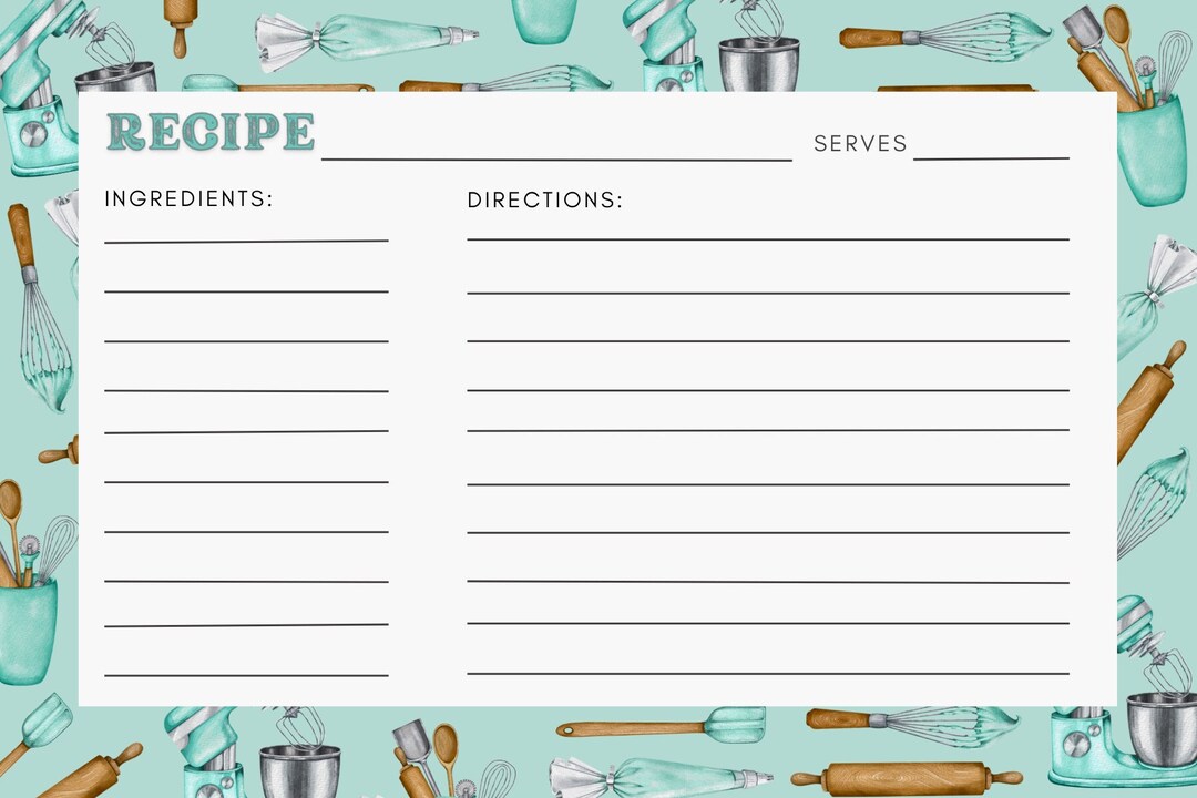 PRINTABLE Recipe Cards. Background is Bright and Colorful Teal Utensils ...