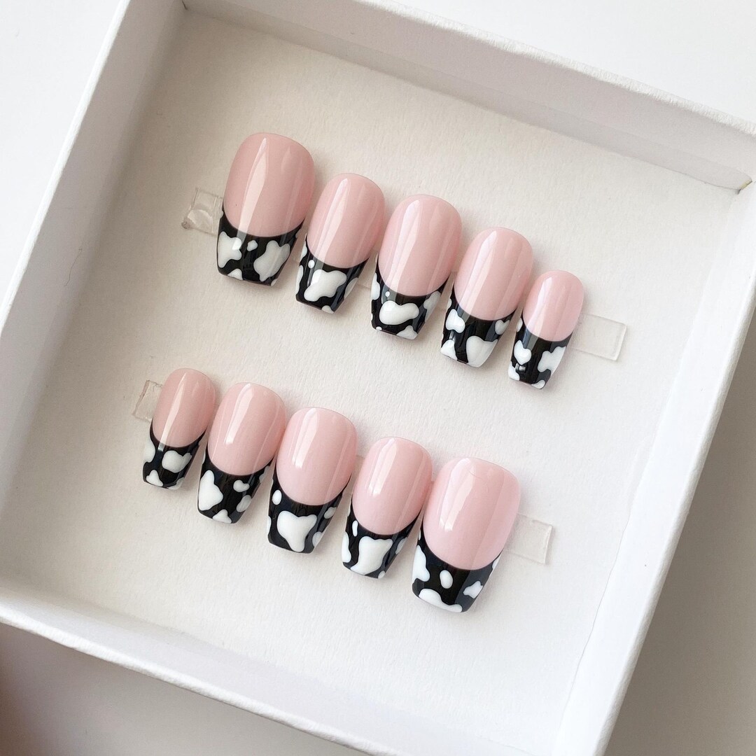 Reversed Cow French Set French Tip Cow Print Nail Set - Etsy