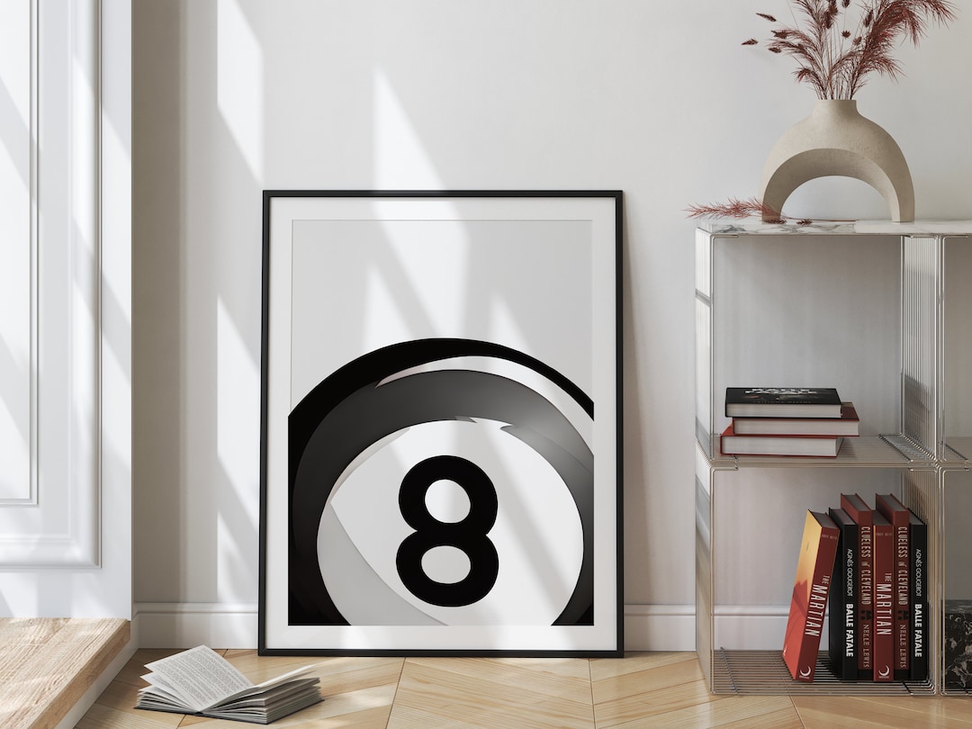 Lucky 8 Ball Art Print Poster, Vintage Black and White Number 8 Ball, Trendy Retro Print, Mid ...