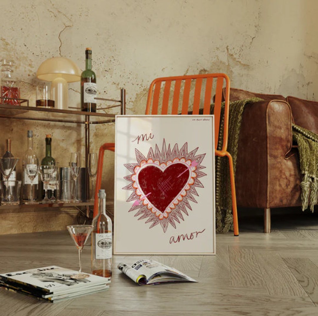 Mi Amor Art Print Poster, Hand Drawn Print, Trendy Retro Print, Heart ...