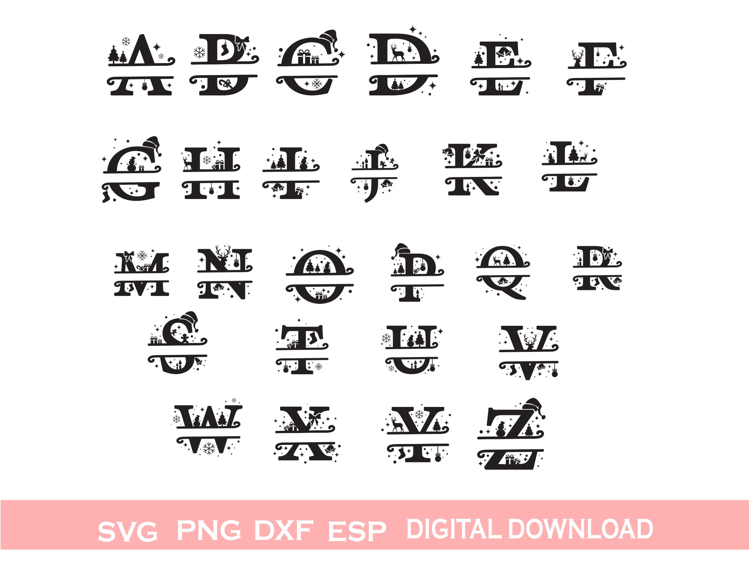 Christmas Split Alphabet SVG, Split Monogram, Ornaments SVG Font ...