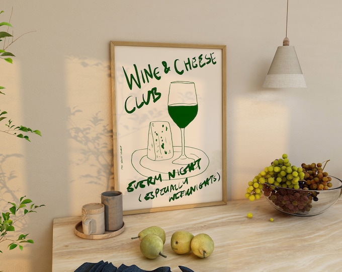 Wine and Cheese Club Print Poster, Vintage Food Print, Trendy Retro ...