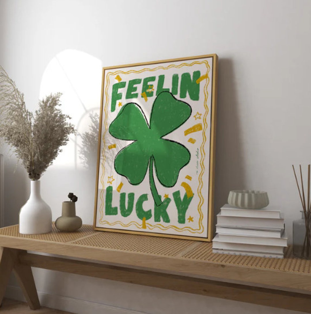 Feeling Lucky 4 Leaf Clover Art Print Poster, Shamrock Print Trendy Retro Print, Clover ...