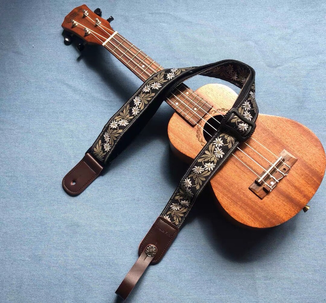 Black Ukulele Strap for Women embroidered Daisy Ukulele Strap ...