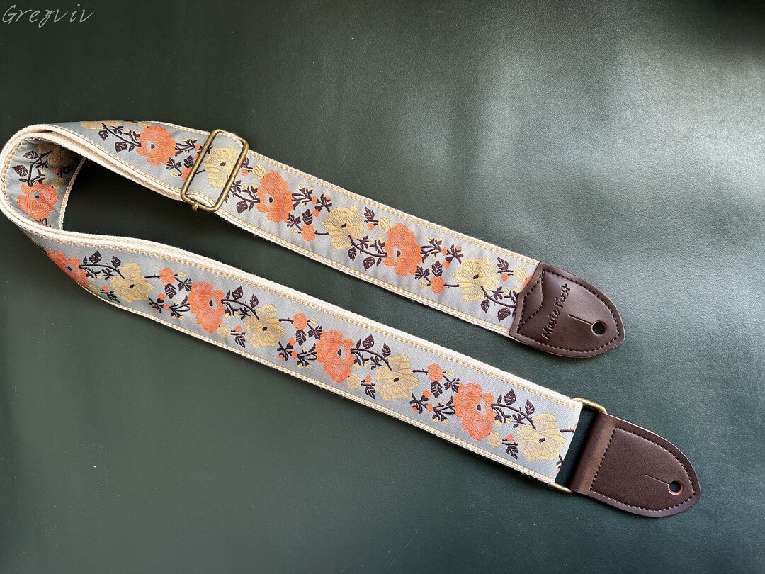 Vintage Style Guitar Strap, Handmade Bass Strap, Embroidered Guitar ...
