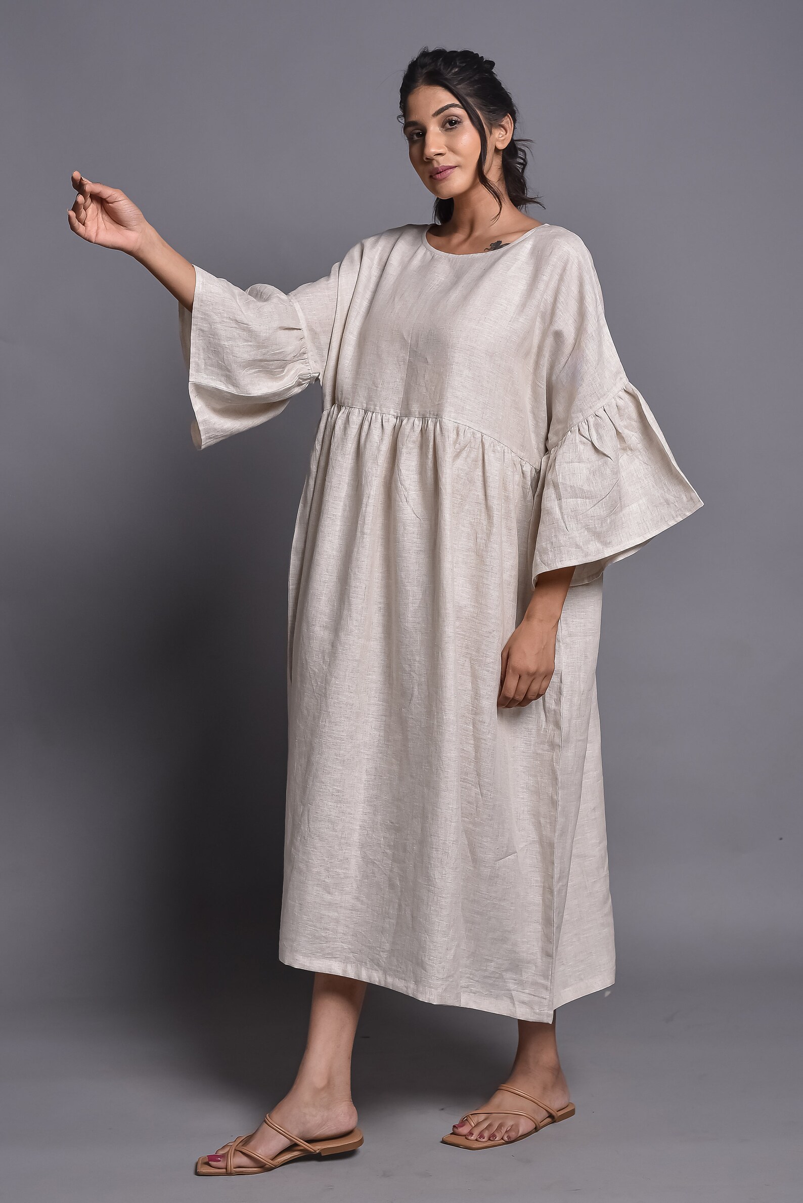 Oversized Linen Midi Dress: 3/4 Sleeves, Loose Fit Linen Clothing ...