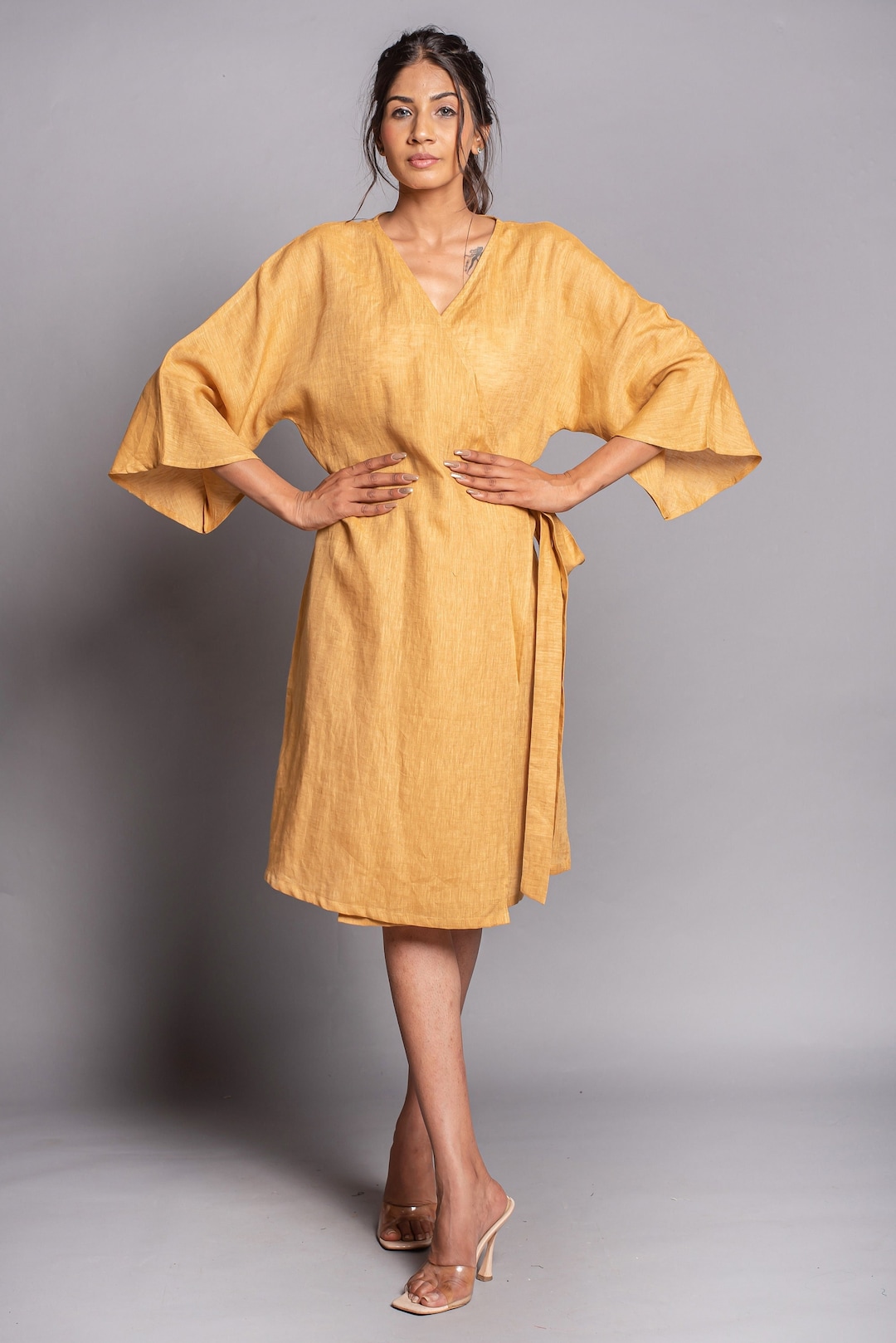 Pure Linen Midi Wrap Dress: Dusty Mustard A-line With Pockets Women ...