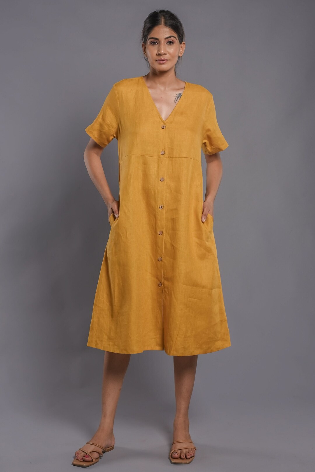 Linen Tunic Dress: Button Front Midi With Pockets - Etsy