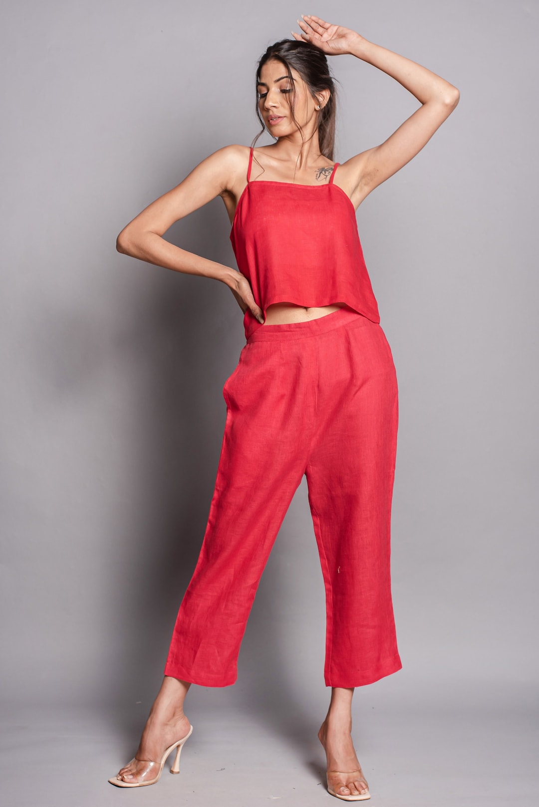 Linen Two-piece Set,loungewear Set, Linen Trousers & Linen Blouse Slip Tank Top, Women's and ...