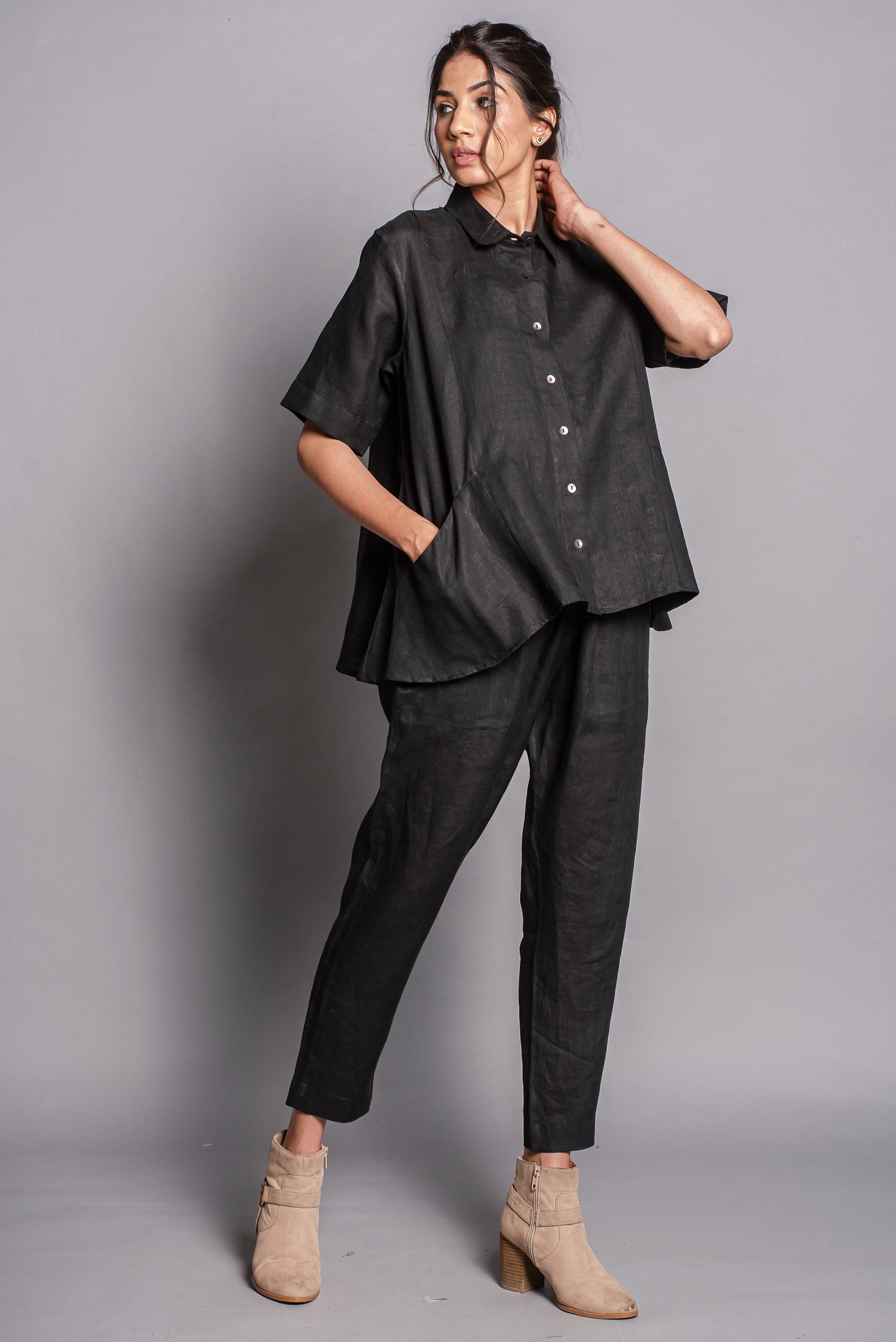 Linen Two Piece Set Shirt Dress Linen Pants Linen Top - Etsy