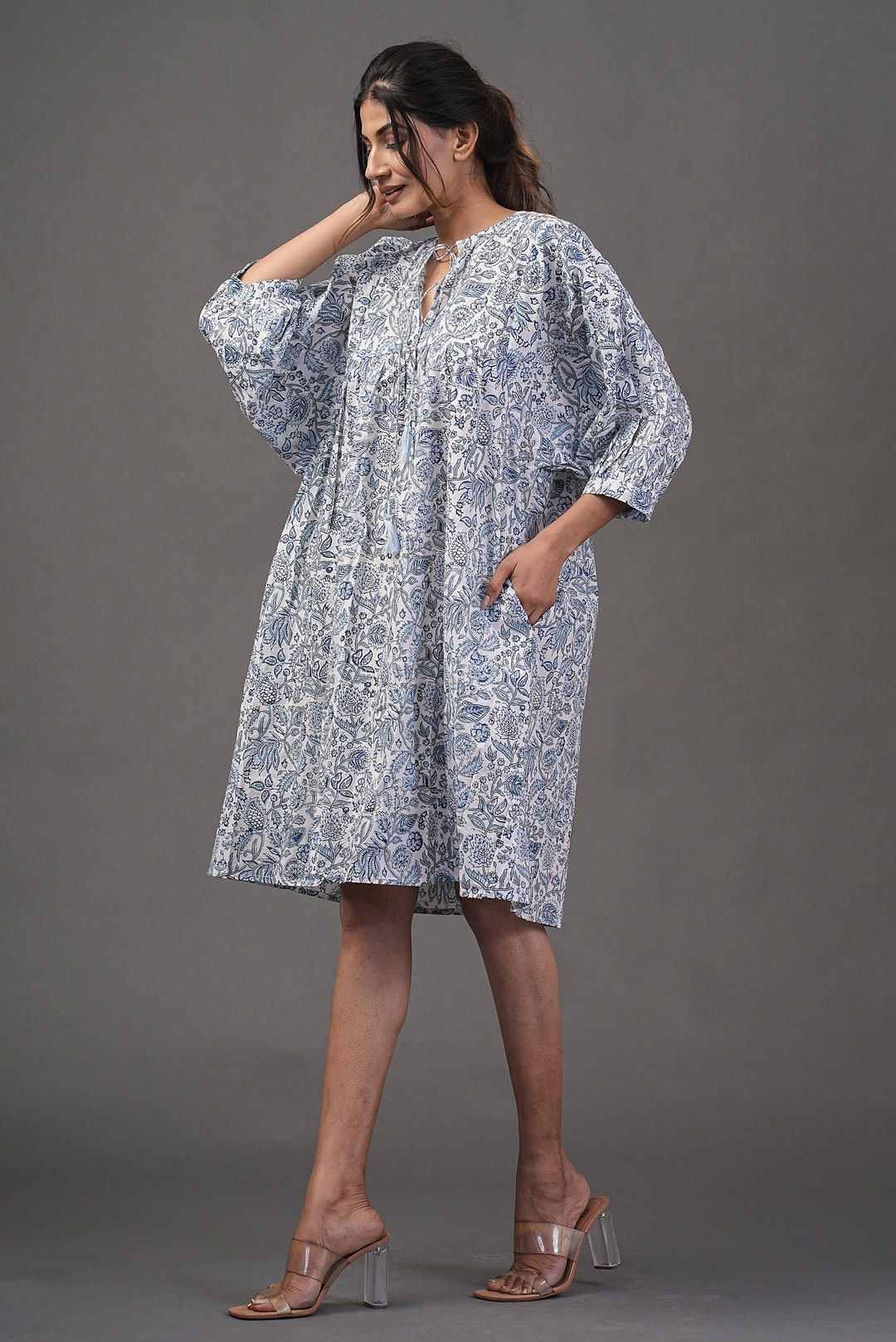 Hand Block Printed Dress, Summer Dress, Blue & White Knee Length Dress ...