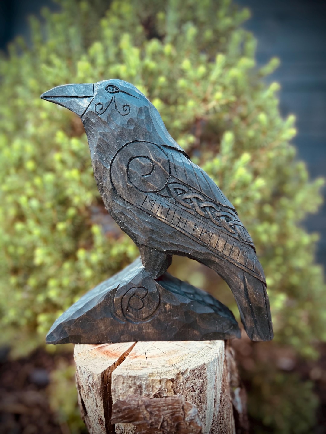 Hand Carved Wood Raven Statue Hugin With Handmade Wood Totem Altar - Etsy