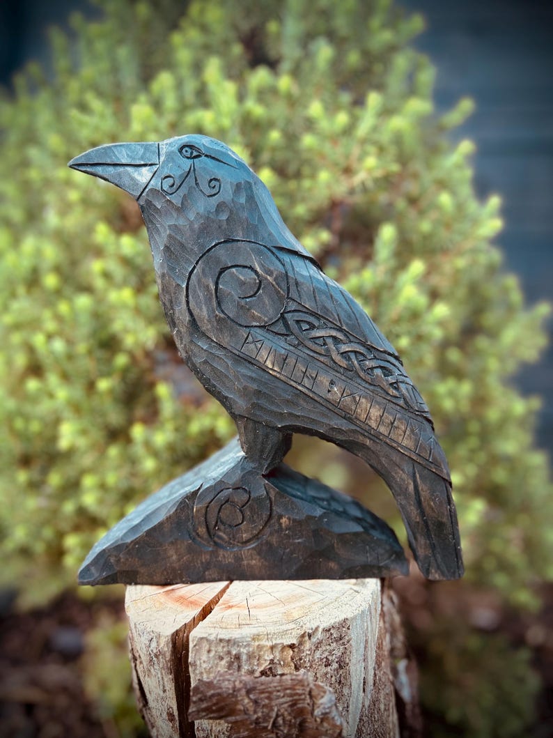 Hand Carved Wood Raven Statue Hugin With Handmade Wood Totem Altar - Etsy