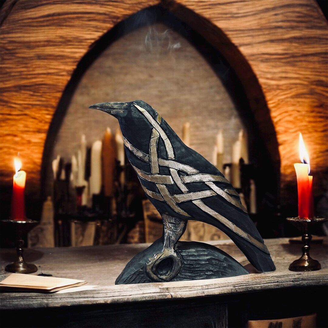 Raven Statue Hugin Munin With Handmade Wood Totem Altar - Etsy