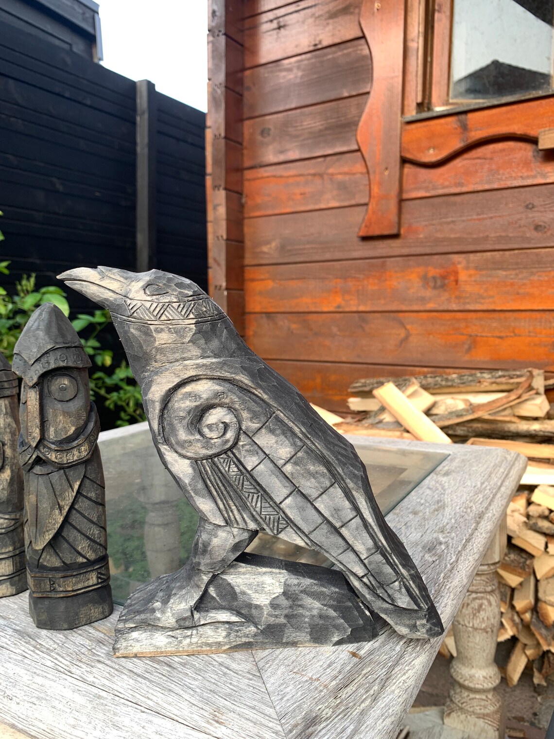 Raven Statue Hugin With Handmade Wood Totem Altar - Etsy