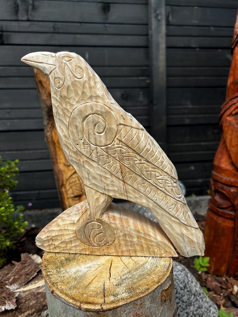 Hand Carved Wood Raven Statue Hugin With Handmade Wood Totem Altar - Etsy