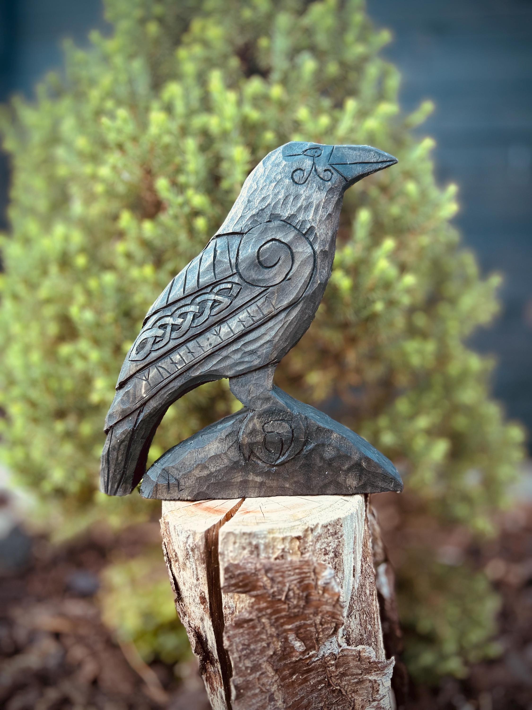 Hand Carved Wood Raven Statue Hugin With Handmade Wood Totem Altar - Etsy