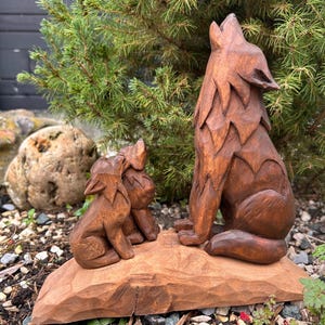 Wolfs Statue Wood Hand Made Spirit Wolf Mama and Puppies Howling to the ...