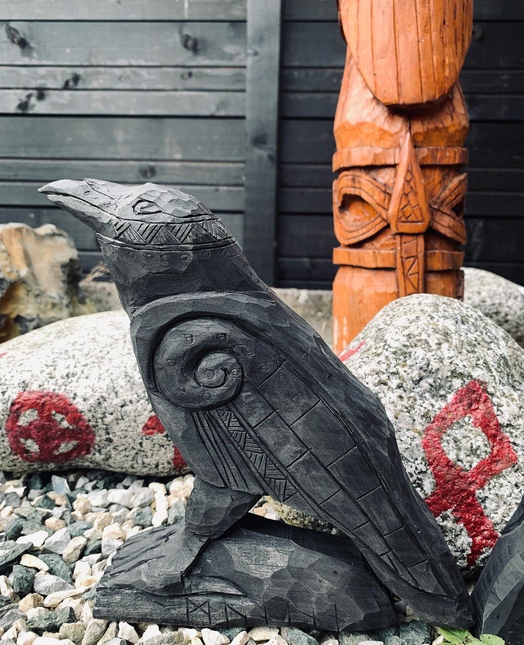 Raven Statue Hugin With Handmade Wood Totem Altar - Etsy