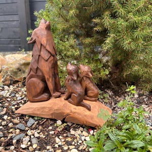 Wolfs Statue Wood Hand Made Spirit Wolf Mama and Puppies Howling to the ...