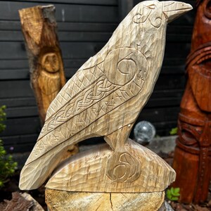 Hand Carved Wood Raven Statue Hugin With Handmade Wood Totem Altar - Etsy