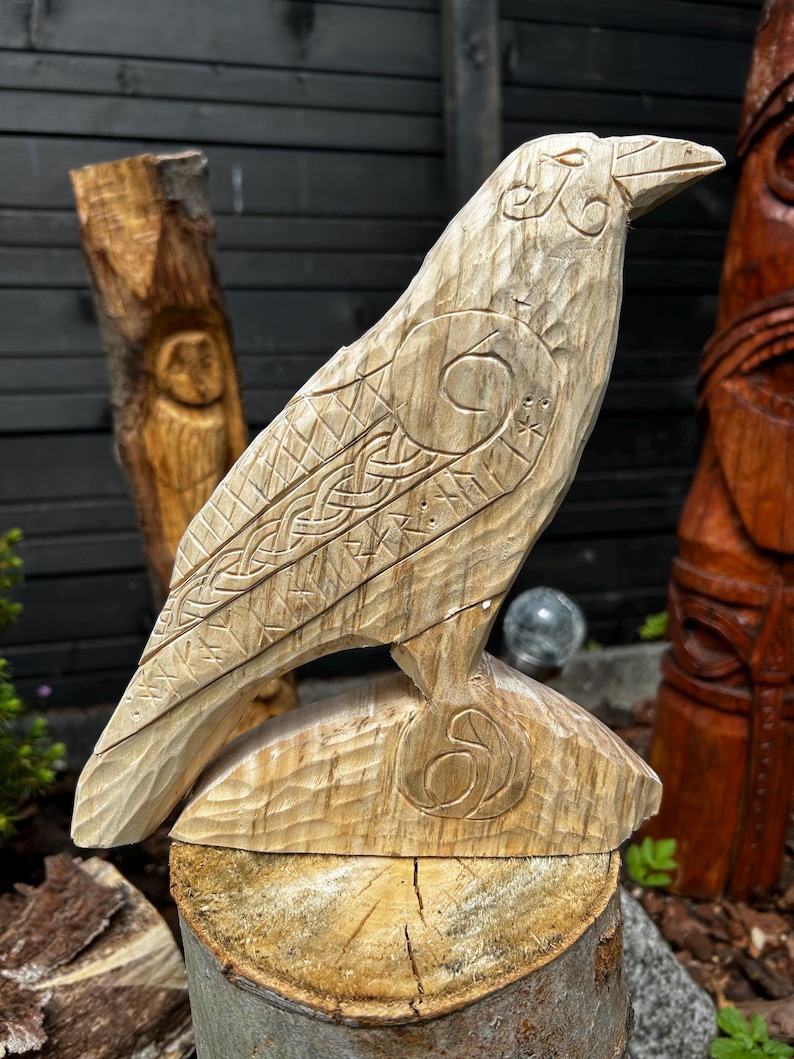 Hand Carved Wood Raven Statue Hugin With Handmade Wood Totem Altar - Etsy