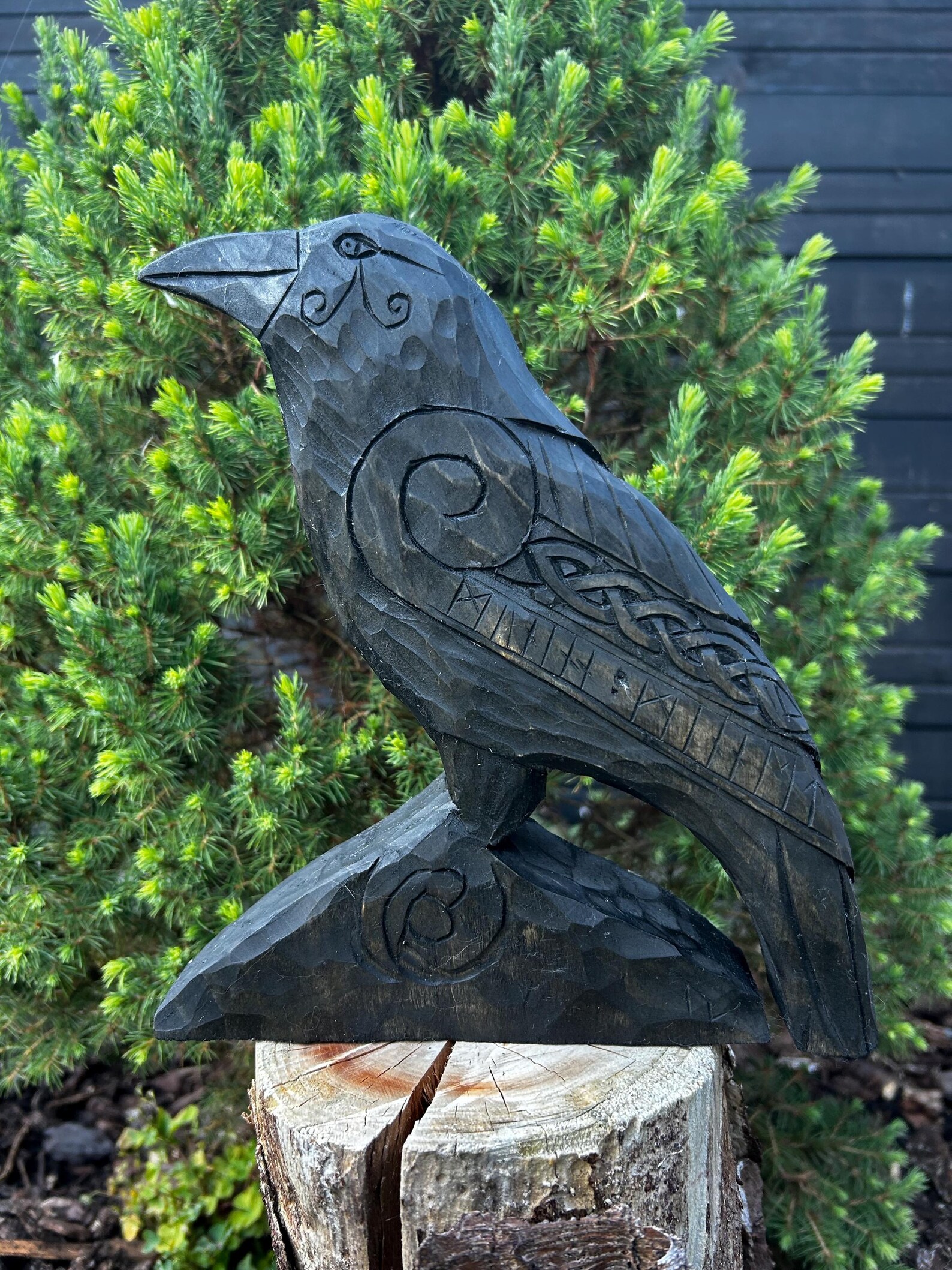 Hand Carved Wood Raven Statue Hugin With Handmade Wood Totem Altar - Etsy